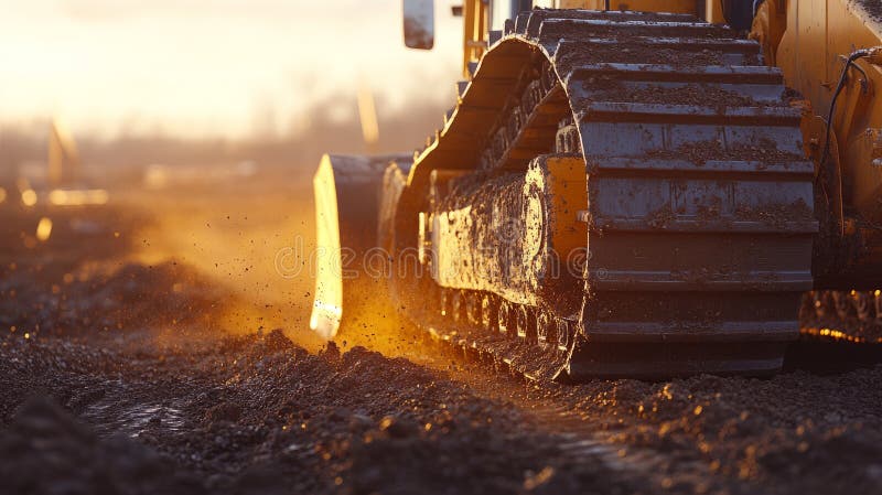 Bulldozer at Sunrise Working on Dirt in a Construction Site. Stock ...