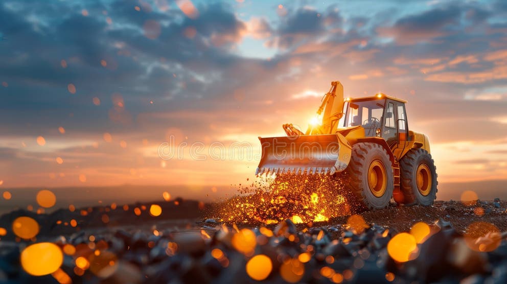 Bulldozer at Sunset with Sparkling Debris Stock Illustration ...