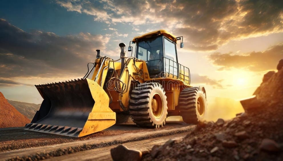Bulldozer at Work during Sunset in a Dusty Construction Site. Stock ...