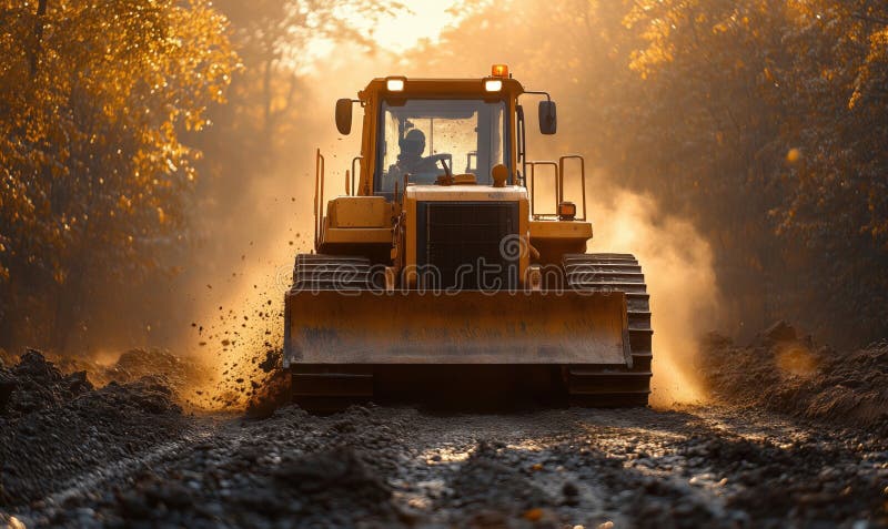 Bulldozer Working Construction Site Sunset Creating Dust Clouds Stock ...