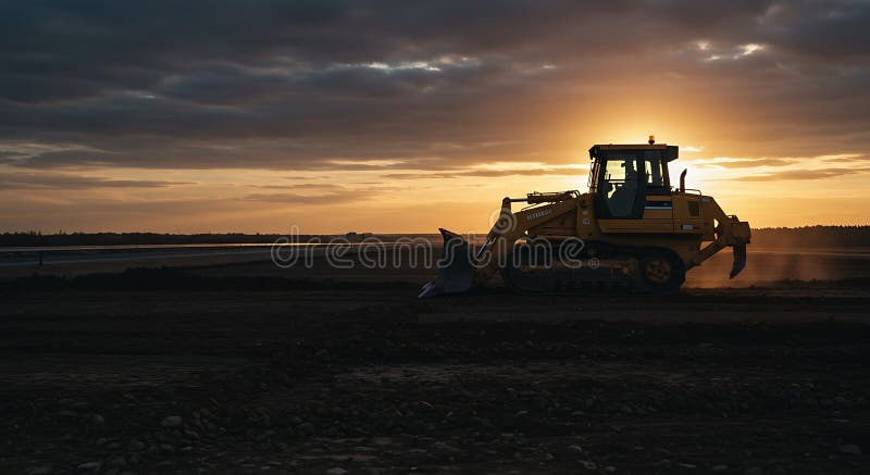 Bulldozer Working on Construction Site at Sunset with Dramatic Sky ...