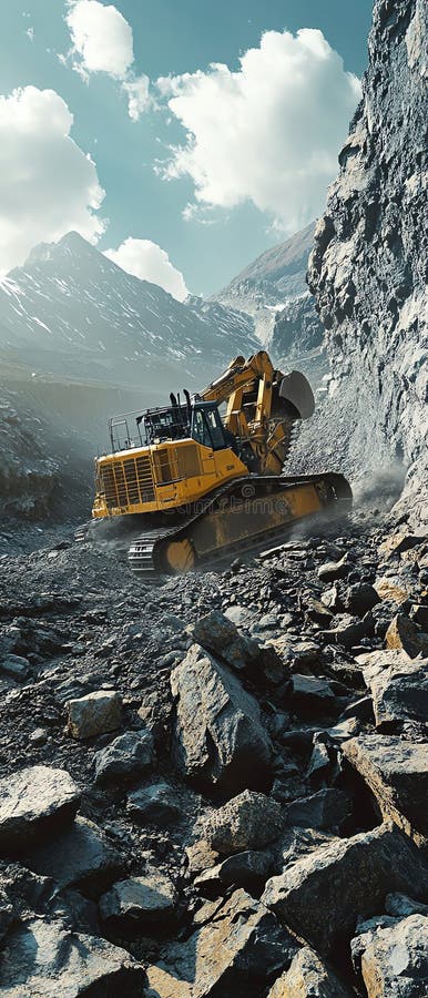 A Bulldozer Works on a Rugged Mountain Terrain Under a Bright Sky Stock ...