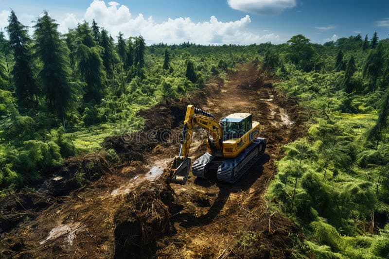 Bulldozers Digging a Dirt Road in a Forest. Global Deforestation Stock ...