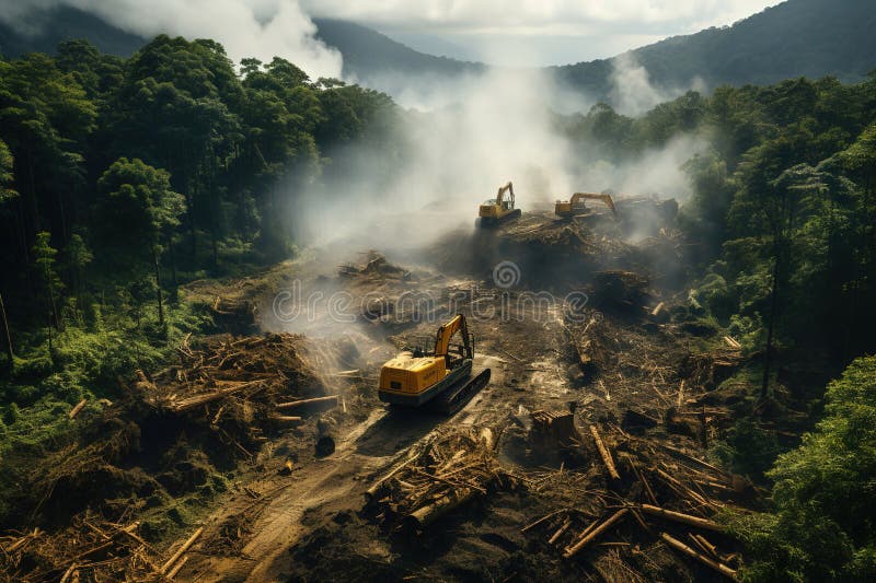 Bulldozers Digging a Dirt Road in a Forest. Global Deforestation Stock ...