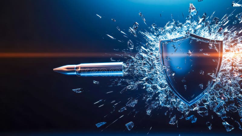 Bullet Breaking through a Glass Shield on Blue Background Stock ...