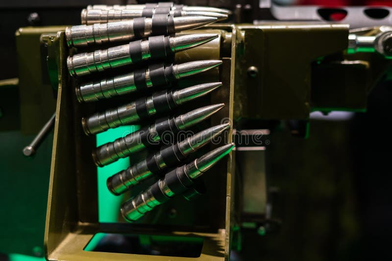 Bullet Chain Hanging of Machine Gun. Ammunition Belt of Cartridge Stock ...