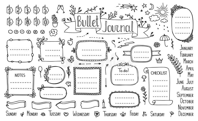 Bullet Journal Doodle Frames, Notes for Calendar Stock Illustration ...