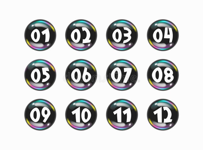 Bullet Points Buttons with Fish Eye Effect, Numbers from 01 To 12 Stock ...