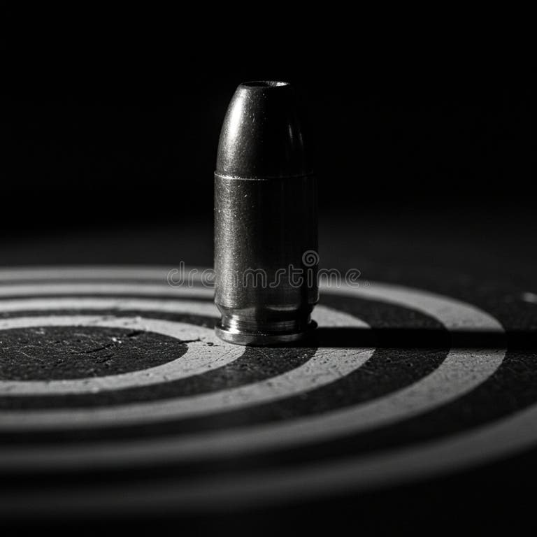 A Bullet Stands Upright on a Black and White Target with Concentric ...