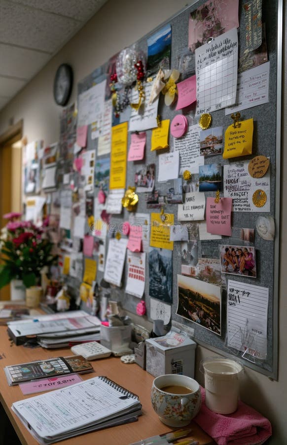 Bulletin Board Overflowing with Notes, Photos, and Memories in Cozy ...