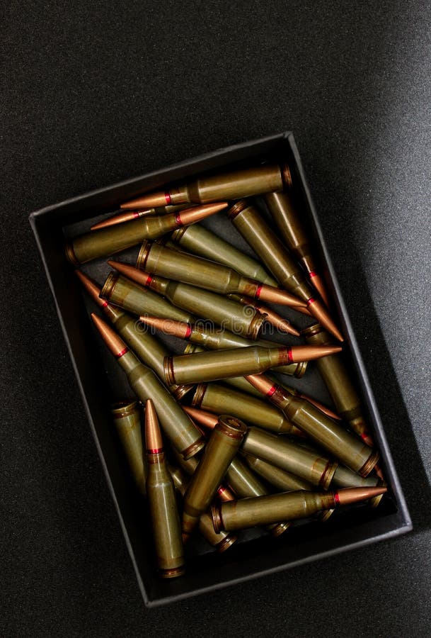 Live Ammunition for Assault Rifle in Black Cardboard Box on Black ...