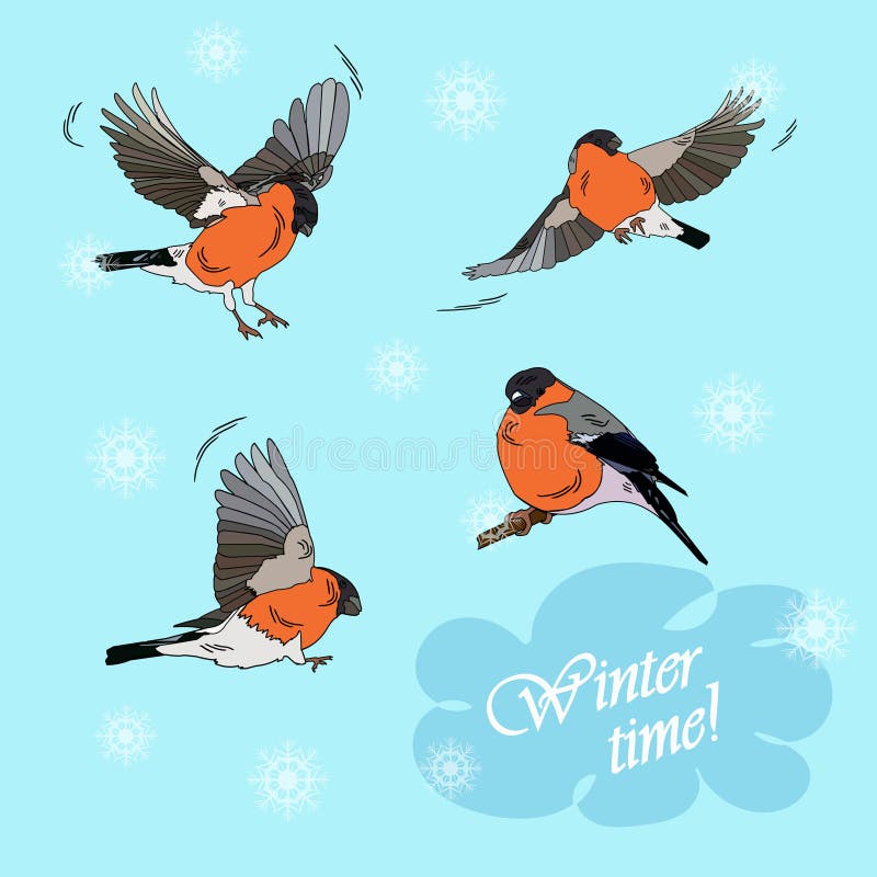 Bullfinches in Flight on a Blue Background Stock Vector - Illustration ...