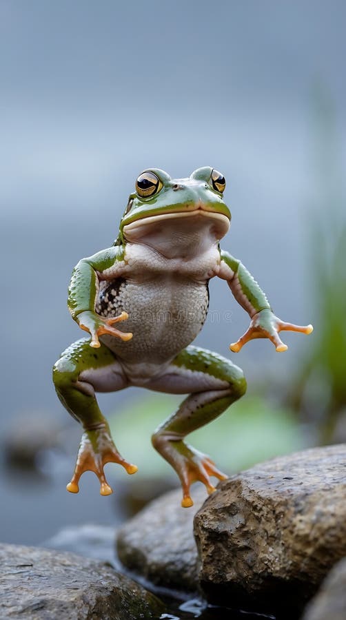 Bullfrog Leaping from One Rock To Another Near a Calm Body of Water ...