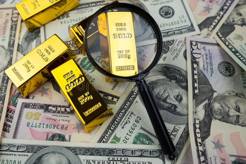 Bullion, Gold or Ingot on US Dollar Banknote with Magnifier Stock Image ...