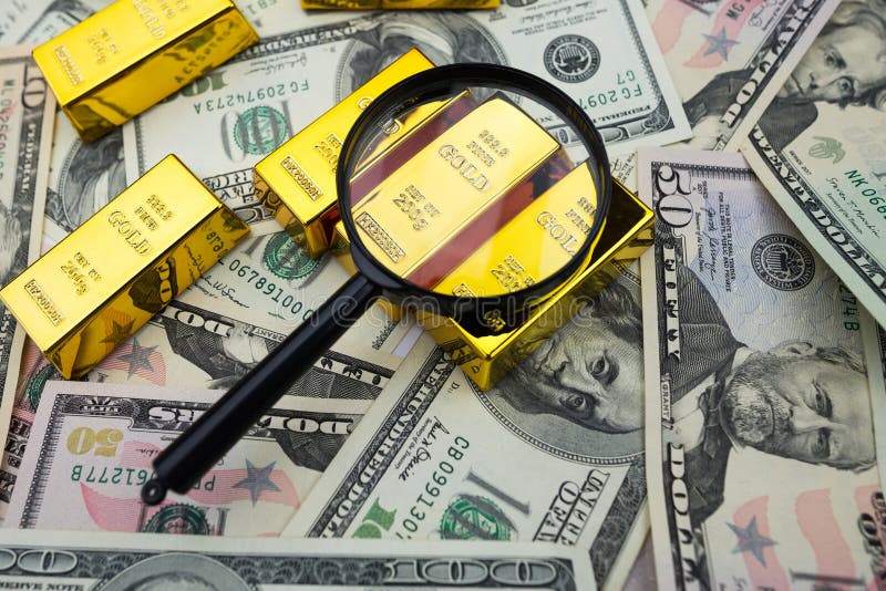 Bullion, Gold or Ingot on US Dollar Banknote with Magnifier Stock Image ...