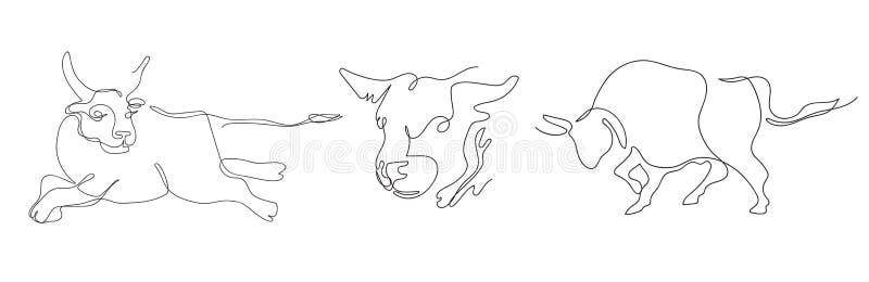Bulls are Drawn in One Line. Set of Illustrations. Continuous Line ...