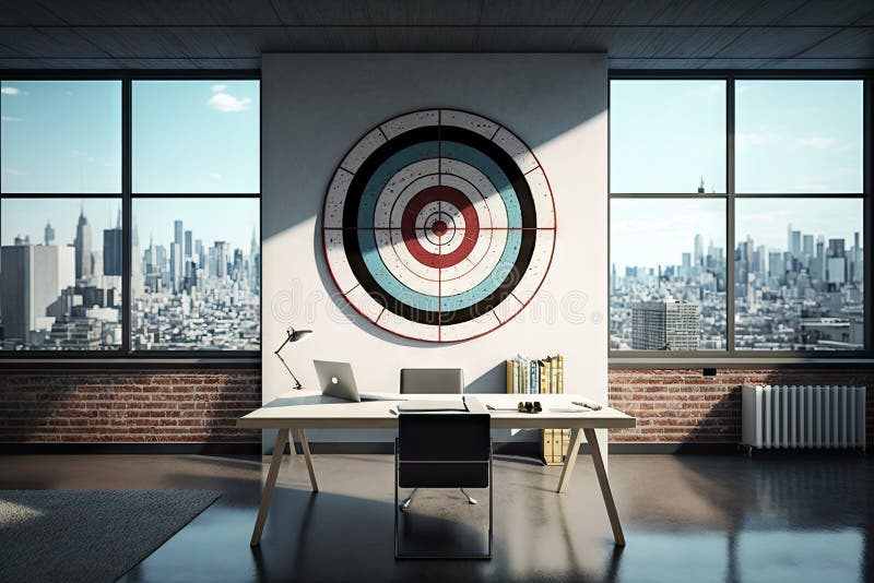 Bullseye Target on a Wall in Office, with View of the City Skyline ...