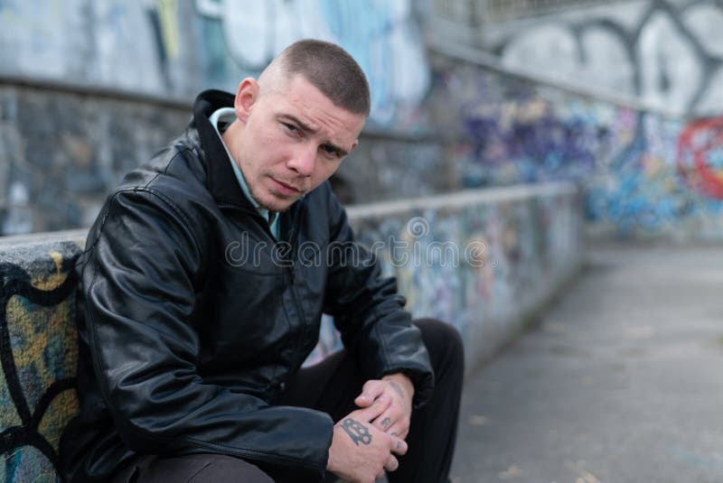 Bully Criminal in Black Leather Jacket by Day Stock Image - Image of ...