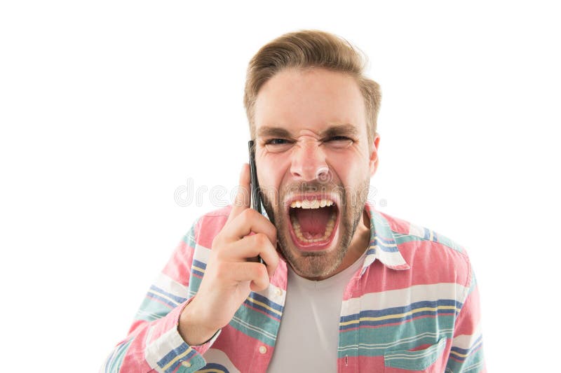 Bully Manners. Ignorant Man Shouting Mobile Conversation Close Up. Guy ...