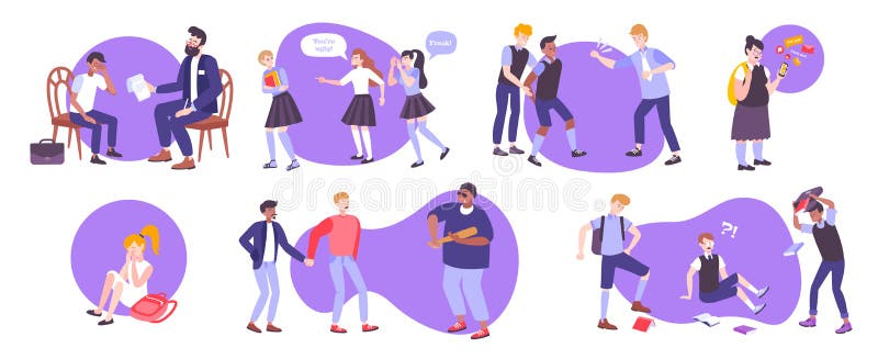 Bullying Flat Icons Collection Stock Vector Illustration Of