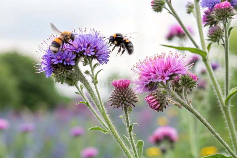 Bumble Bees Buzzing Around Vibrant Wildflowers Stock Illustration ...