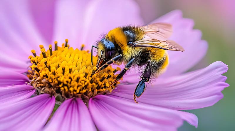 A Bumblebee Collects Nectar from a Pink Flower Stock Illustration ...