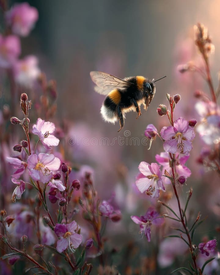 Bumblebee in Flight among Pink Flowers Stock Illustration ...