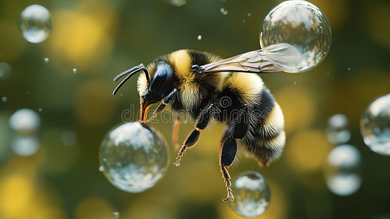 Bumblebee Hovering among Floating Bubbles in Nature Stock Photo - Image ...
