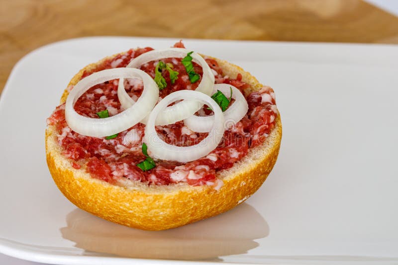 Bun with Fresh Minced Pork Meat Stock Image - Image of pepper, onion ...