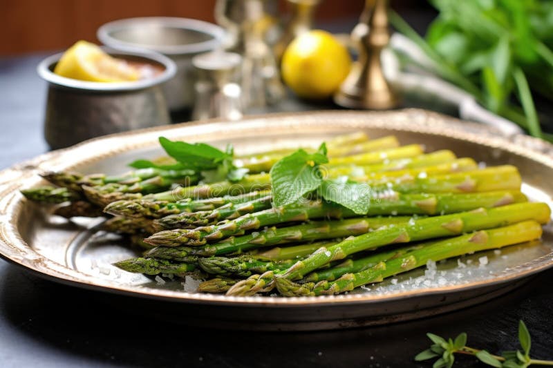 Bunch of Asparagus with Crispy Tips on a Silver Platter Stock ...
