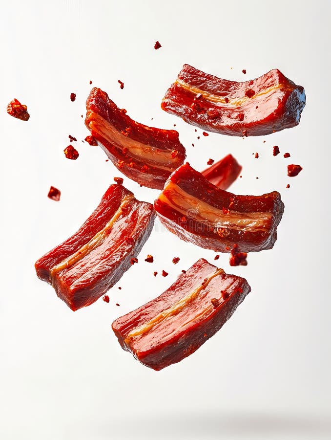 A Bunch of Bacon Flying through the Air with a White Background Stock ...
