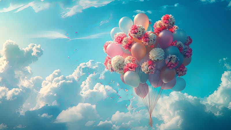 Bunch of Balloons and Flowers for Party Celebration Going Up Stock ...