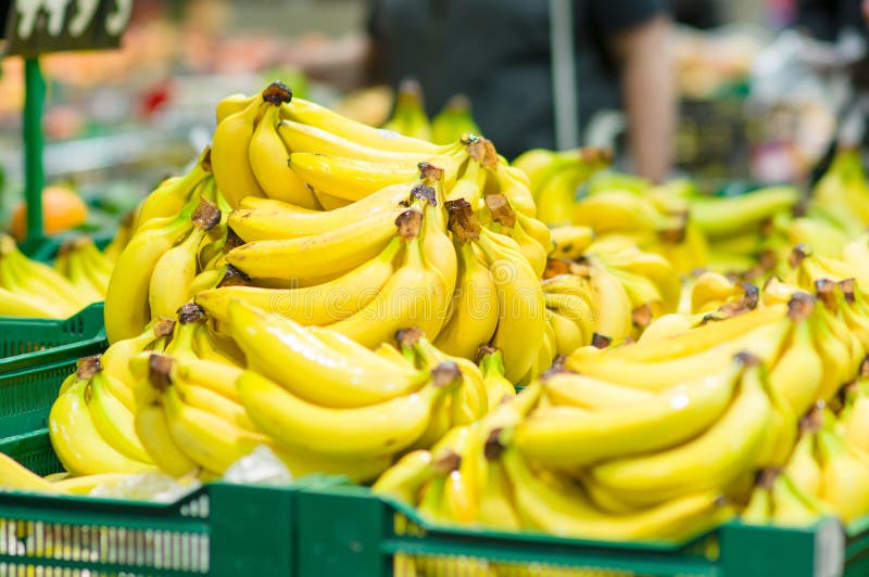 Bunch of Bananas in Boxes in Supermarket Stock Photo - Image of shopper ...
