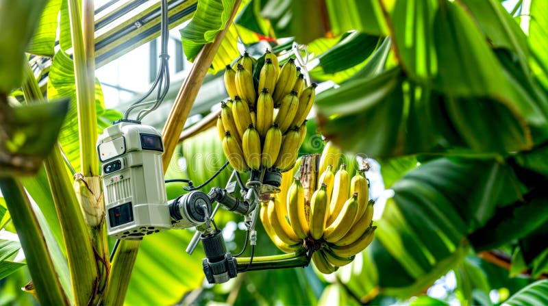 Bunch of Bananas Hanging from Tree with Camera Attached To it. AI ...