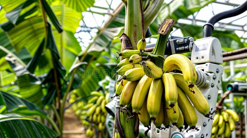 Bunch of Bananas Hanging from Tree in Greenhouse with Camera. AI. Stock ...