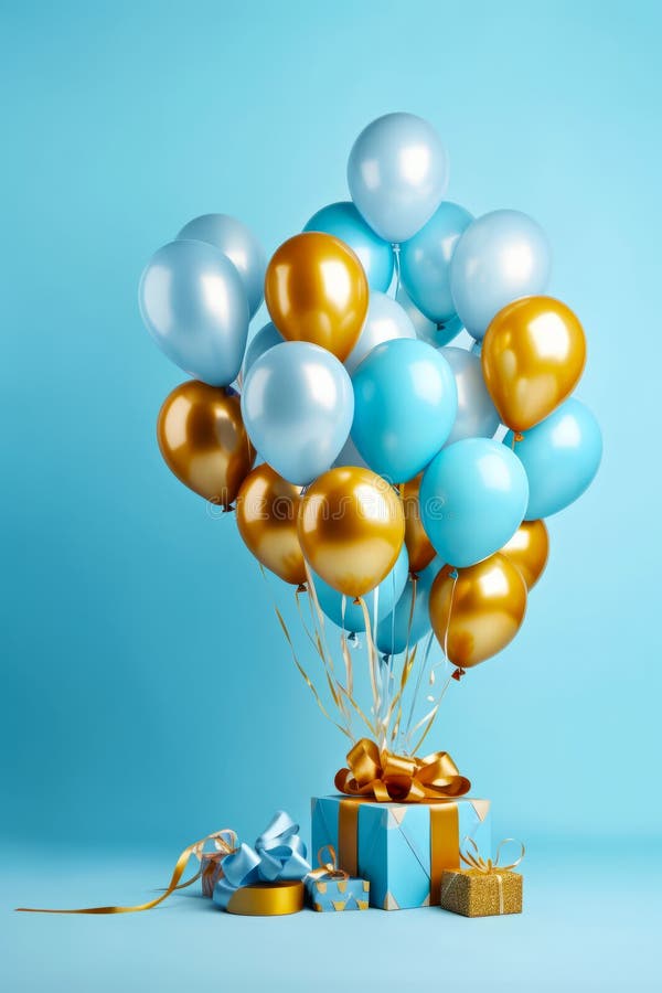 Bunch of Blue and Gold Balloons in Gift Box with Bow. Generative AI ...