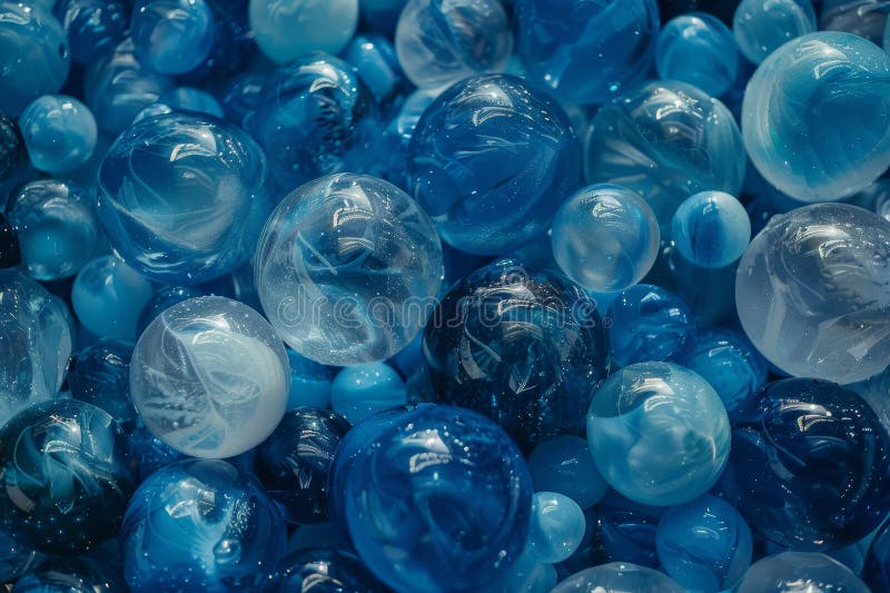 A Bunch of Blue and White Marbles are Floating in a Blue Liquid Stock ...