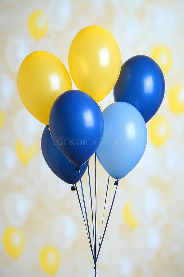 Bunch of Blue and Yellow Balloons on a Yellow Background with a Bokeh ...