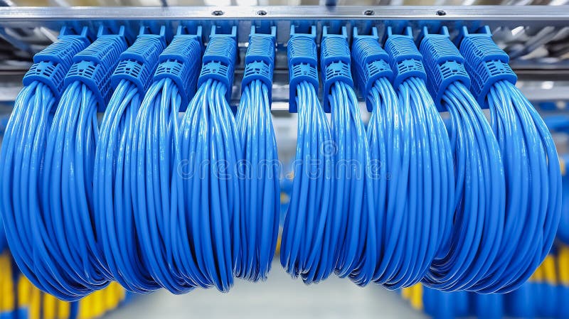 A Bunch of Blue and Yellow Cables Hanging from the Ceiling. the Blue ...