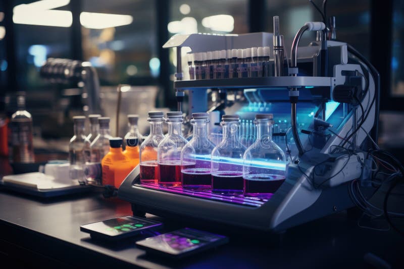 A Bunch of Bottles that are Sitting on a Table. Futuristic Laboratory ...