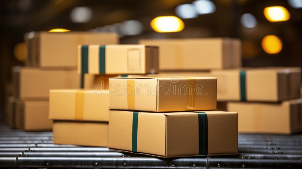 A Bunch of Boxes are Stacked on a Conveyor Belt, AI Stock Photo - Image ...