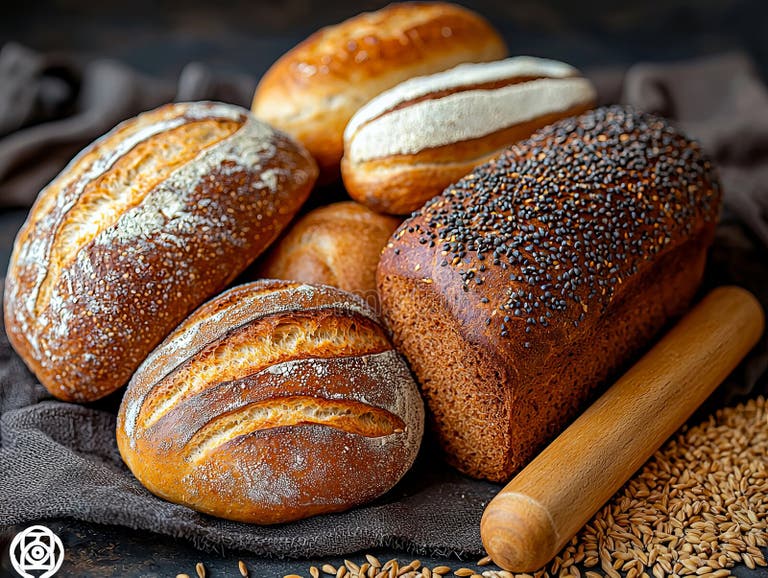 A Bunch of Breads and a Rolling Pin on a Table Stock Photo - Image of baked, table: 342022458