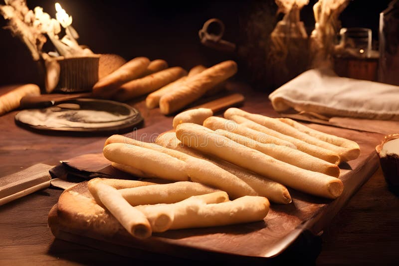 Bunch of Breadsticks Placed Aesthetically on a Wooden Table with Lights ...