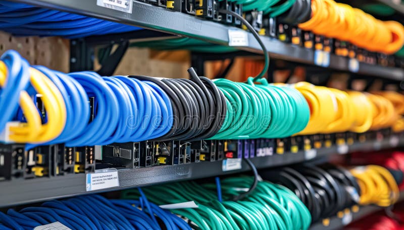 Bunch of Cables are Hanging on a Rack, Some are Blue, Some are Green ...