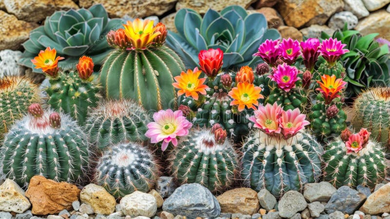 A Bunch of Cactus Plants are Sitting on Top of Rocks, AI Stock Image ...