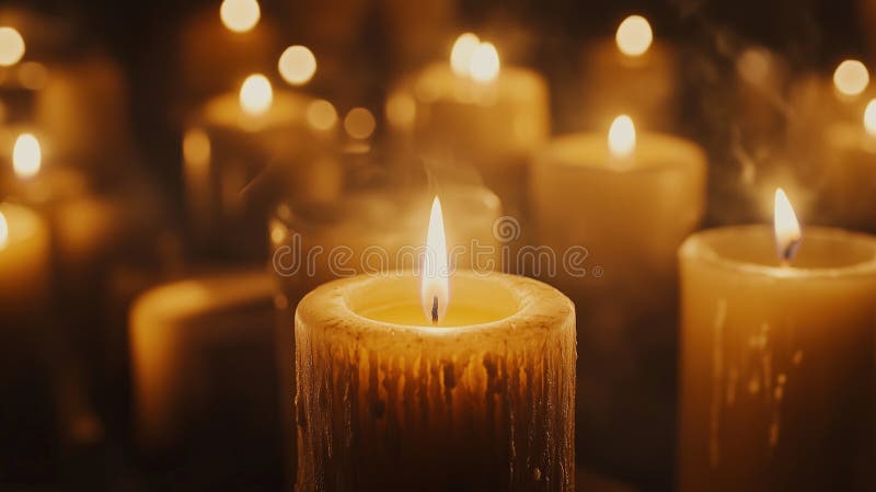 A Bunch of Candles with a Lit Candle in the Middle Stock Photo - Image ...