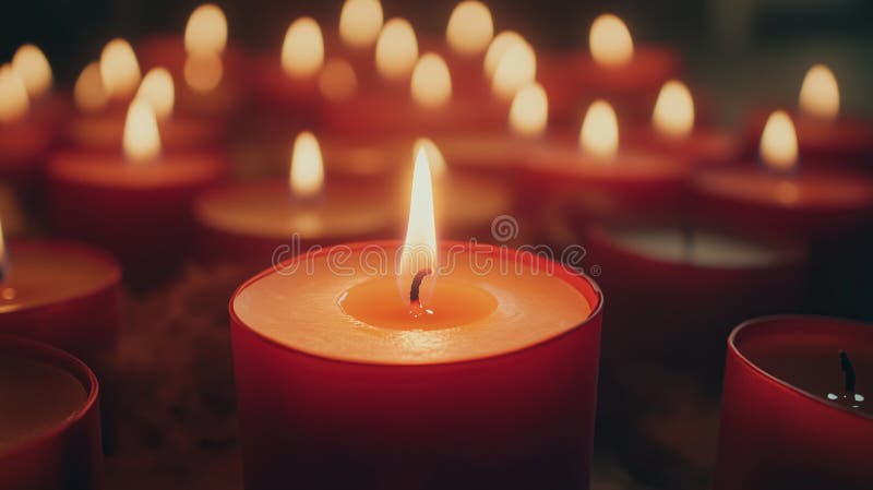 A Bunch of Candles with a Lit Candle in the Middle Stock Photo - Image ...