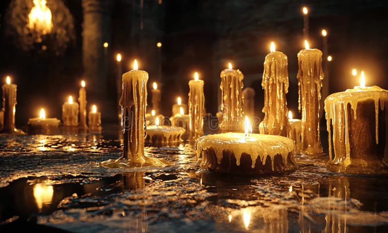 A Bunch of Candles with Melted Wax Dripping from Them. the Candles are ...