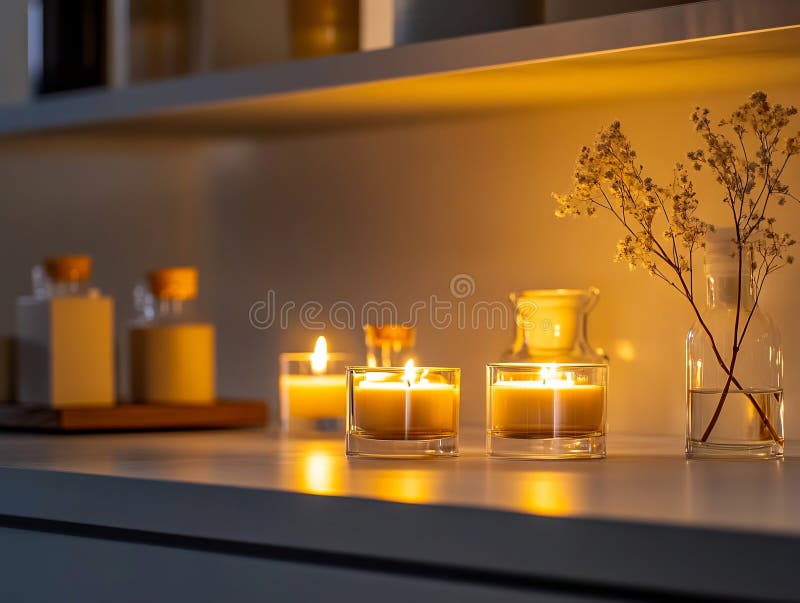 A Bunch of Candles with a Lit Candle in the Middle Stock Photo - Image ...