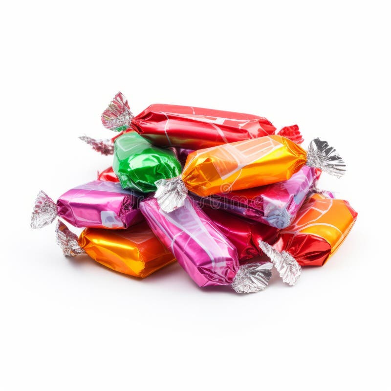 Sleek Metallic Finish: Colorful Plastic Wrapped Candies on White ...